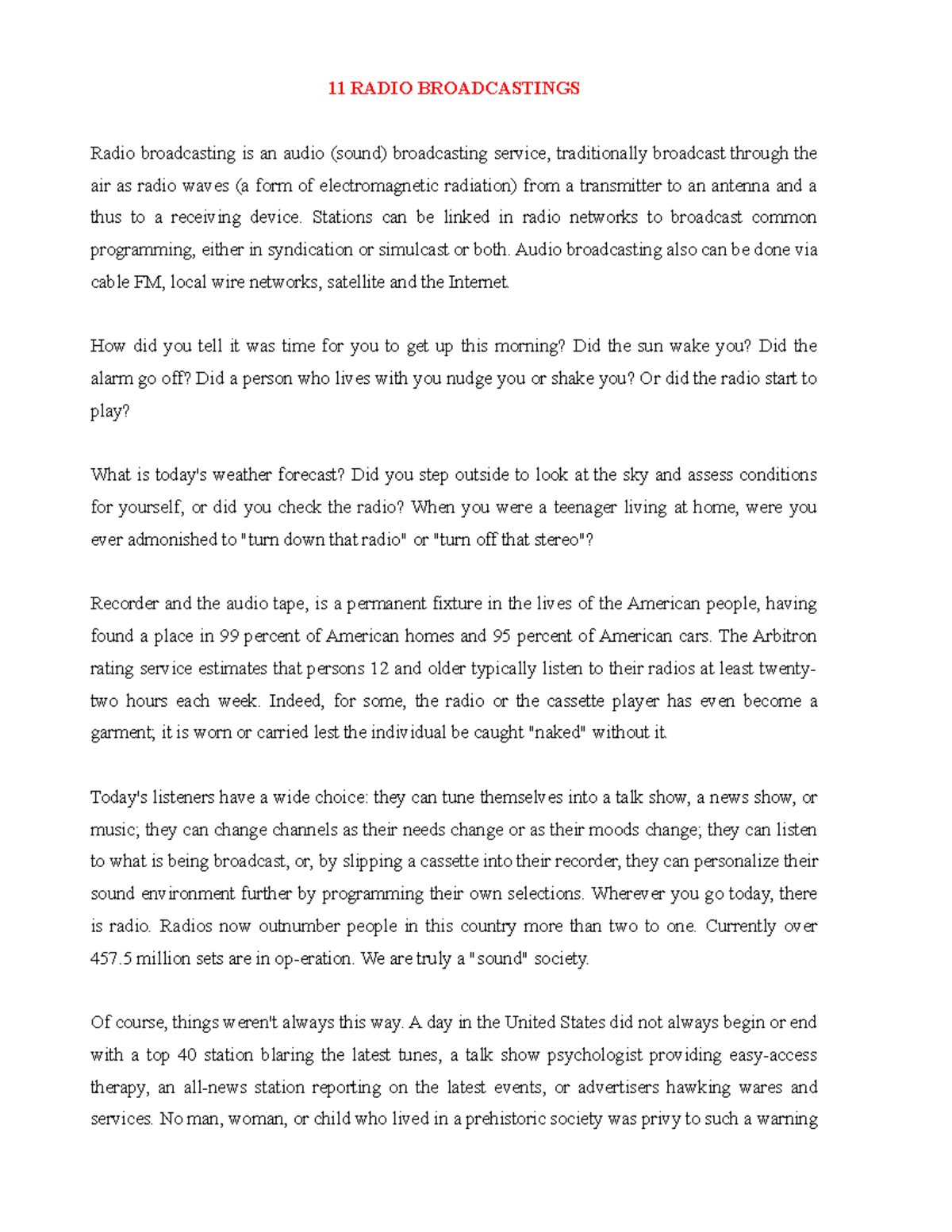 Ch11 Radio Broadcasting - 11 RADIO BROADCASTINGS Radio broadcasting is ...