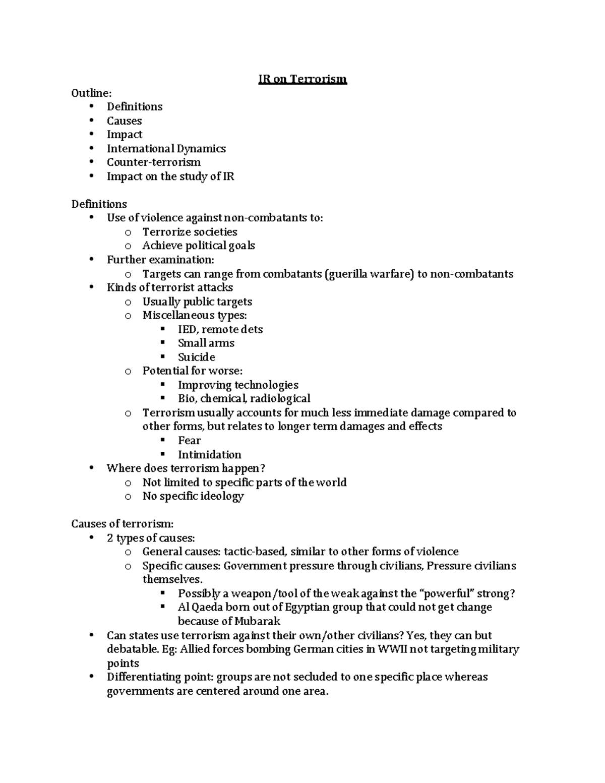 Lecture note, lectures Ir on terrorism - IR on Terrorism Outline ...