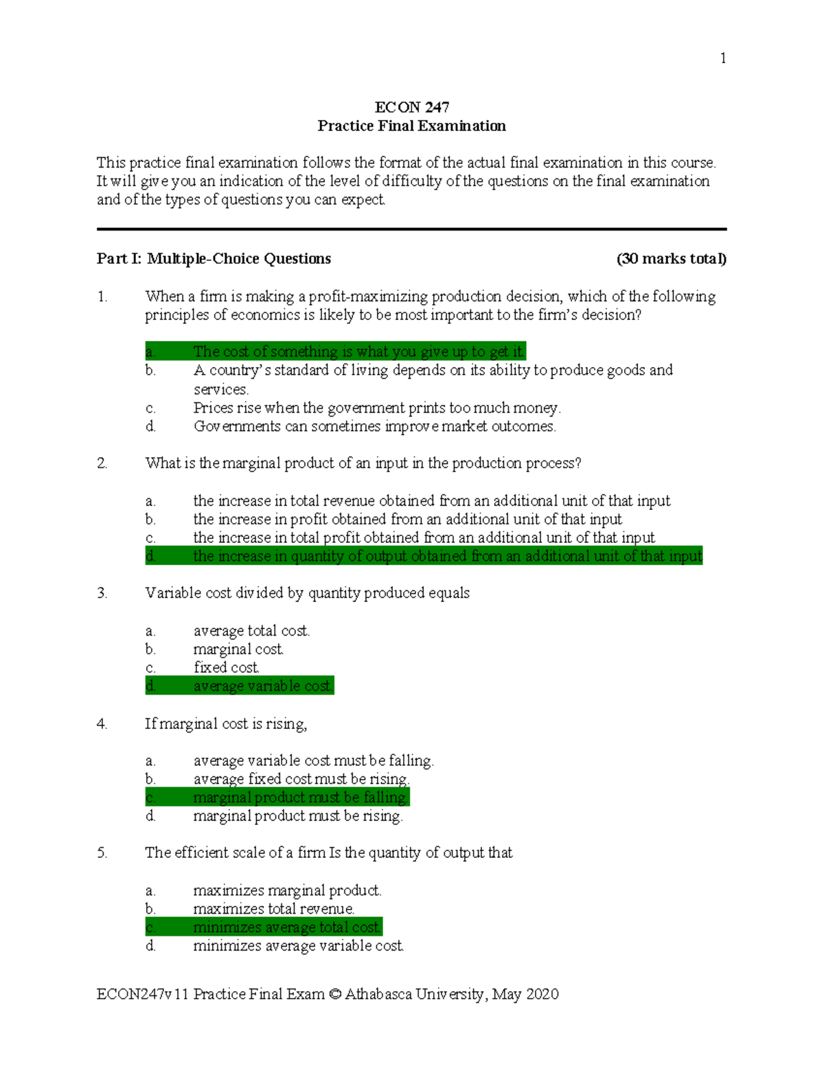 ECON247v11 Practice Final Exam - ECON 247 Practice Final Examination ...