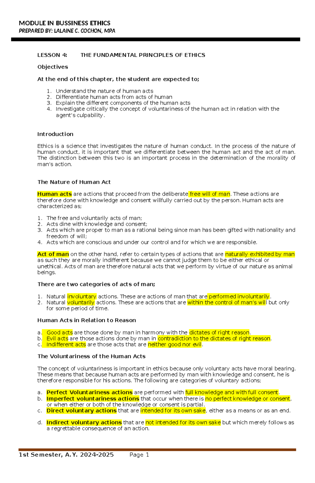 Ethics- Chapter-4 - lecture - MODULE IN BUSSINESS ETHICS PREPARED BY: LALAINE C. COCHON, MPA ...