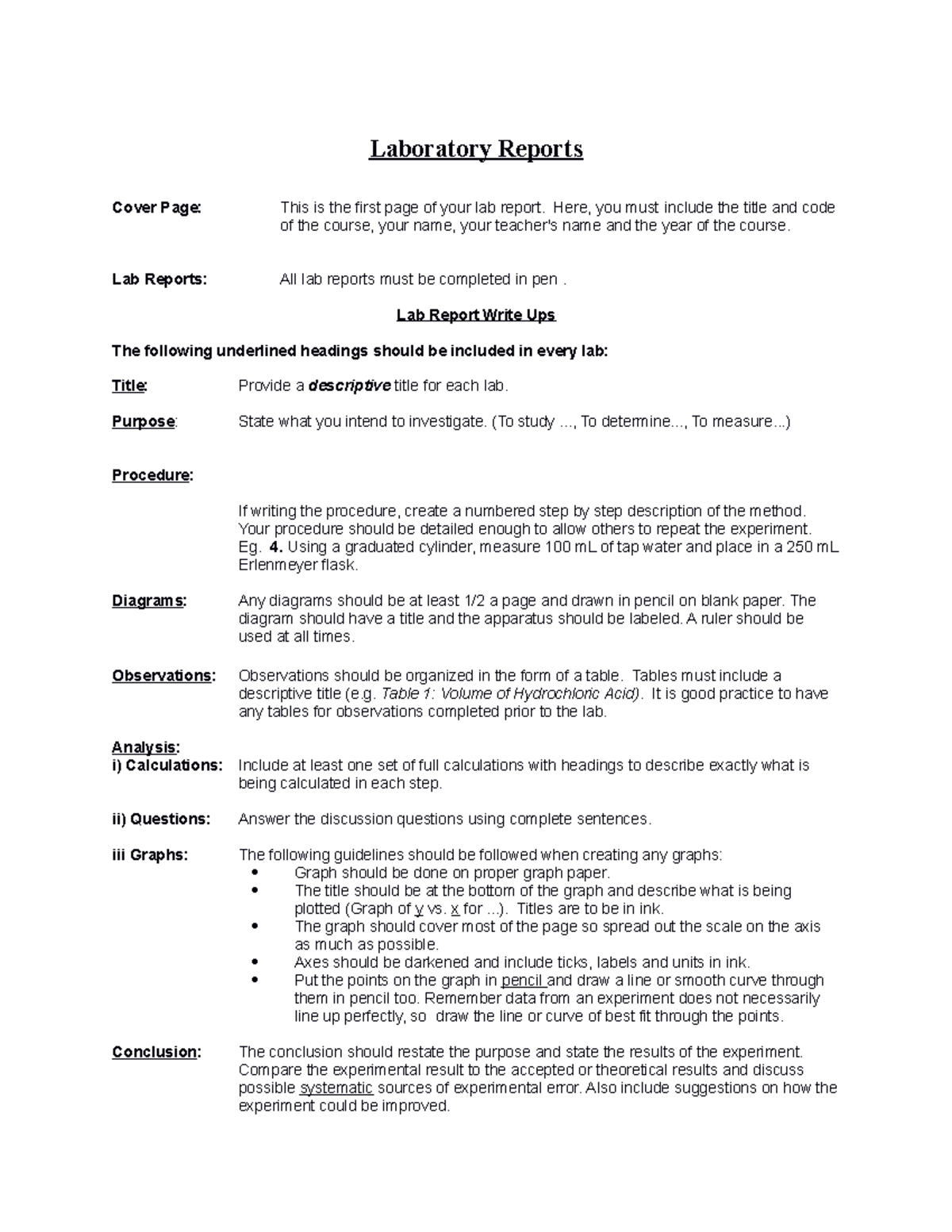Lab report format - Laboratory Reports Cover Page: This is the first ...