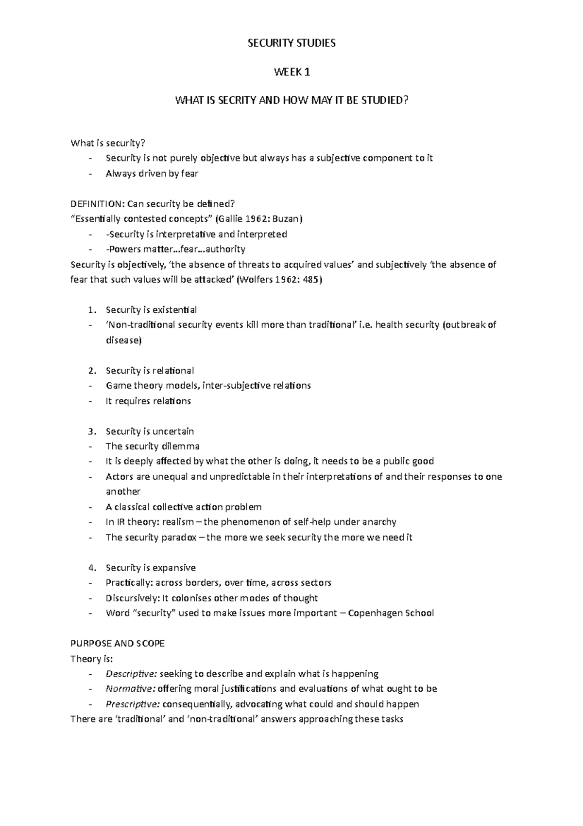 SS 1 - Lecture notes 1 - SECURITY STUDIES WEEK 1 WHAT IS SECRITY AND ...
