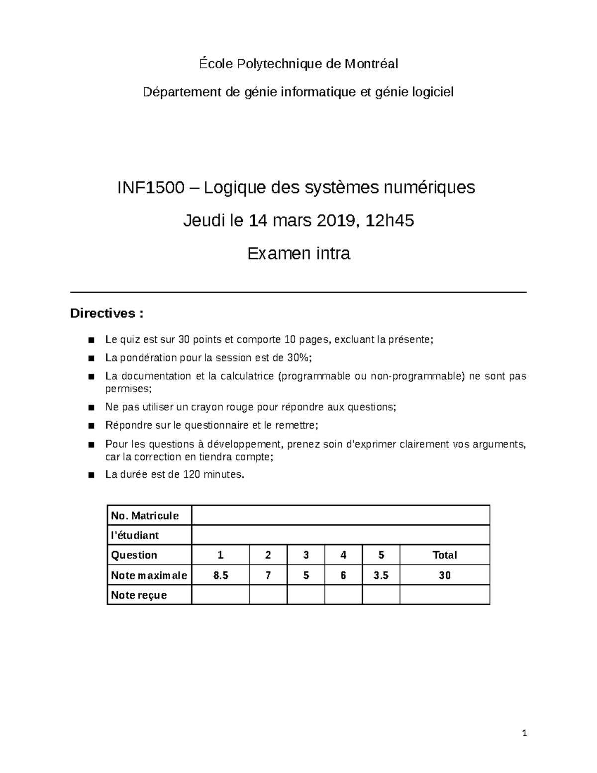 INF1500 Intra 1 H2019 QS - École Polytechnique de Montréal Département ...