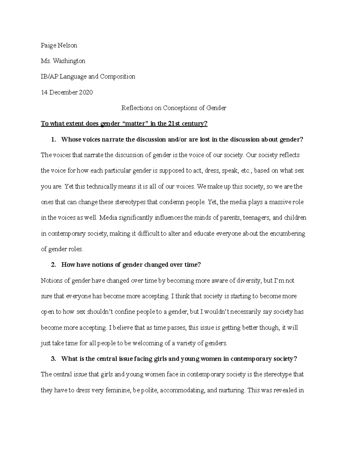 Reflections on Conceptions of Gender - Paige Nelson Ms. Washington IB ...