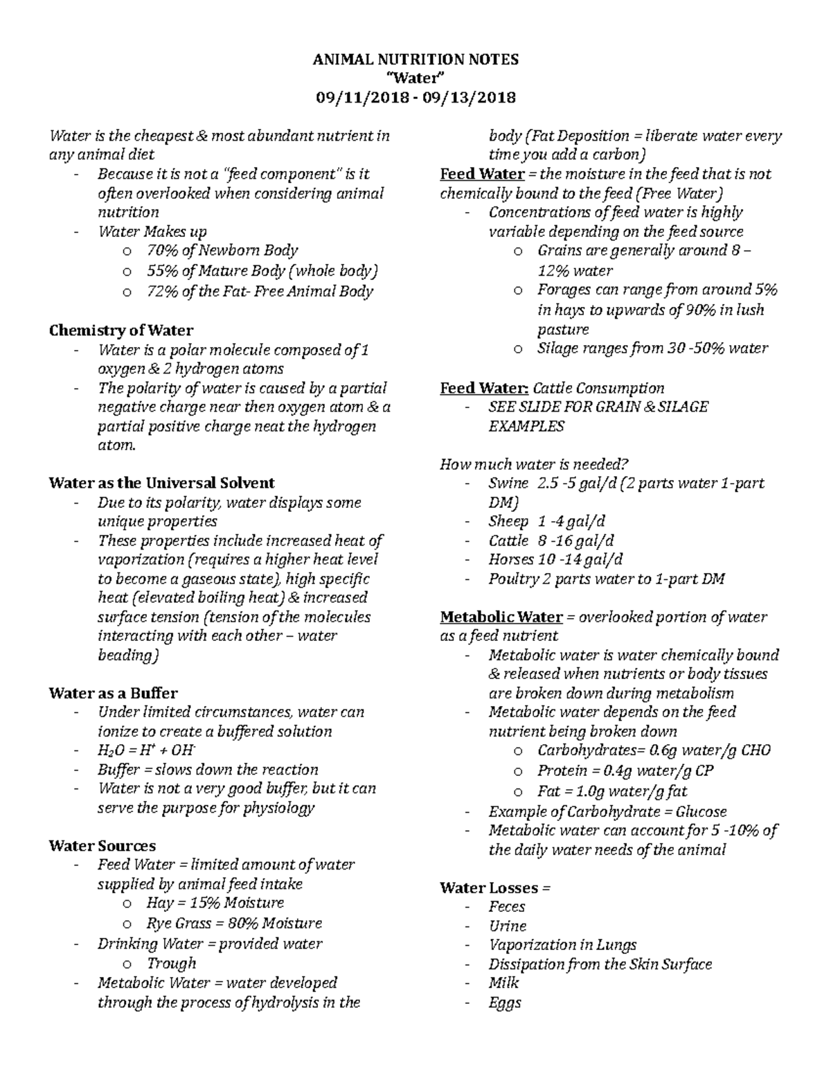Water - Lecture notes 3 - ANIMAL NUTRITION NOTES Water is the cheapest ...