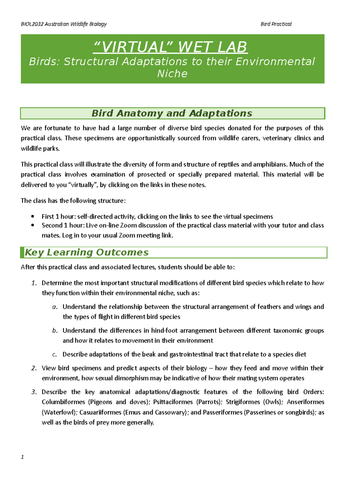 BIOL2032 Bird Practical Class updated - “VIRTUAL” WET LAB Birds ...