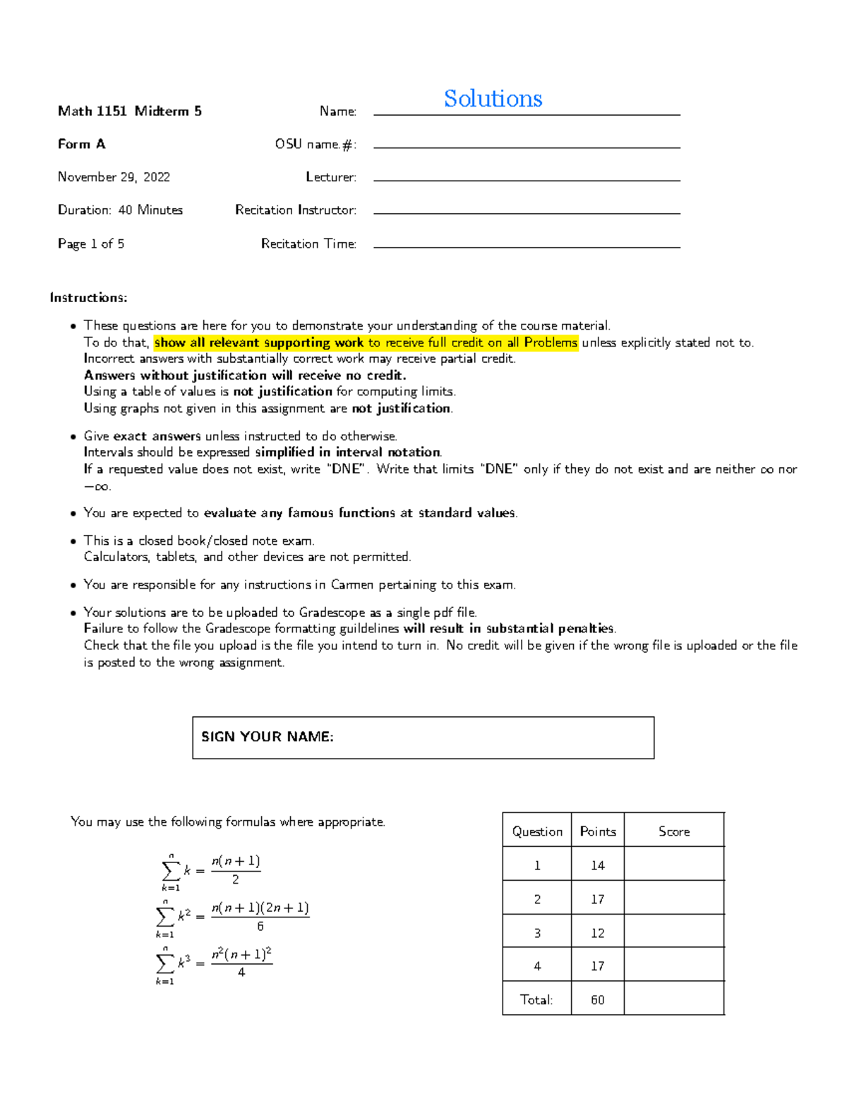 1151M5Au22Soln - Sample Paper W solutions - Math 1151 Midterm 5 Name ...