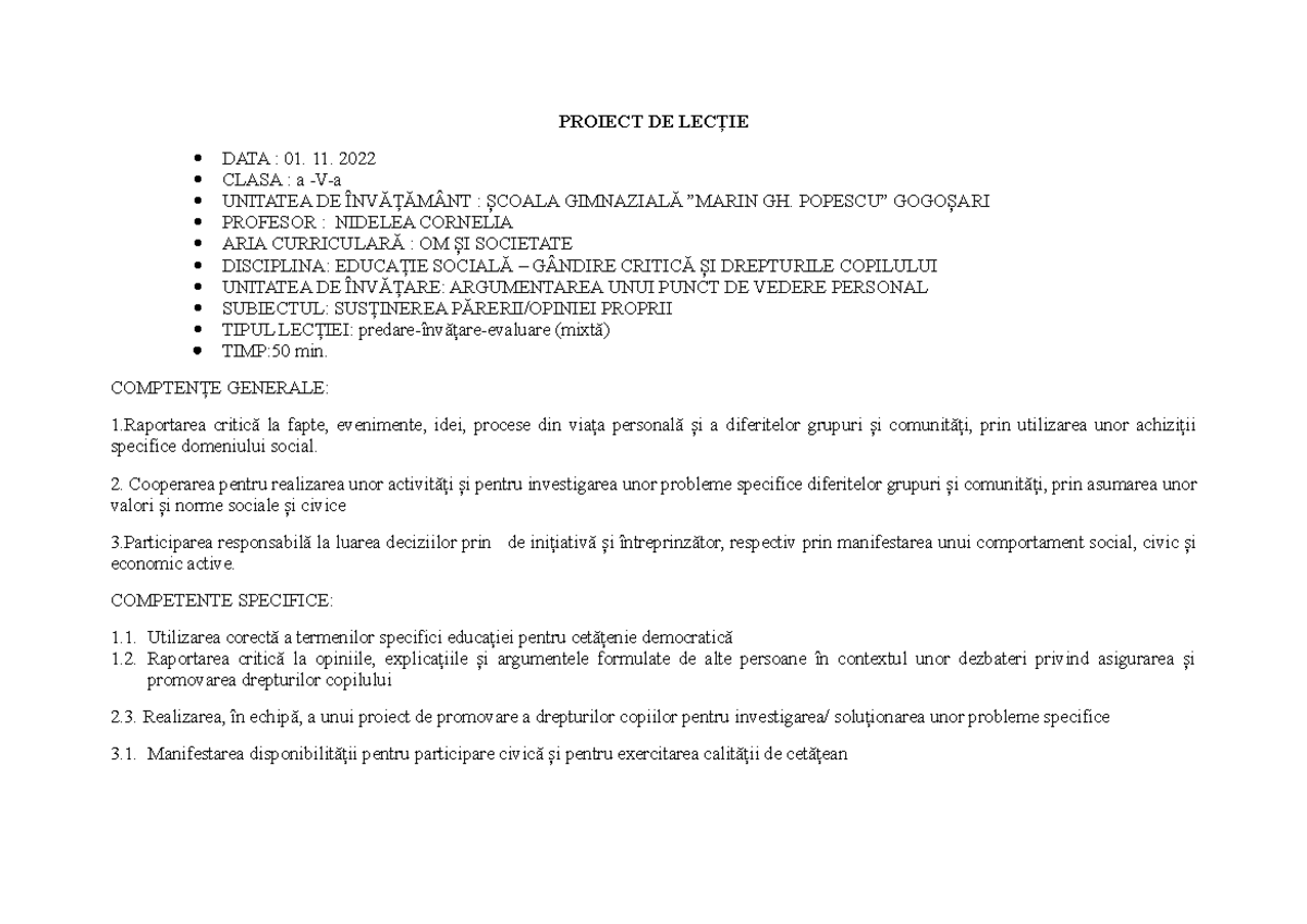 Proiect de lecție cls 5 a gradul 1 din 01.11.2022 - PROIECT DE LECȚIE ...