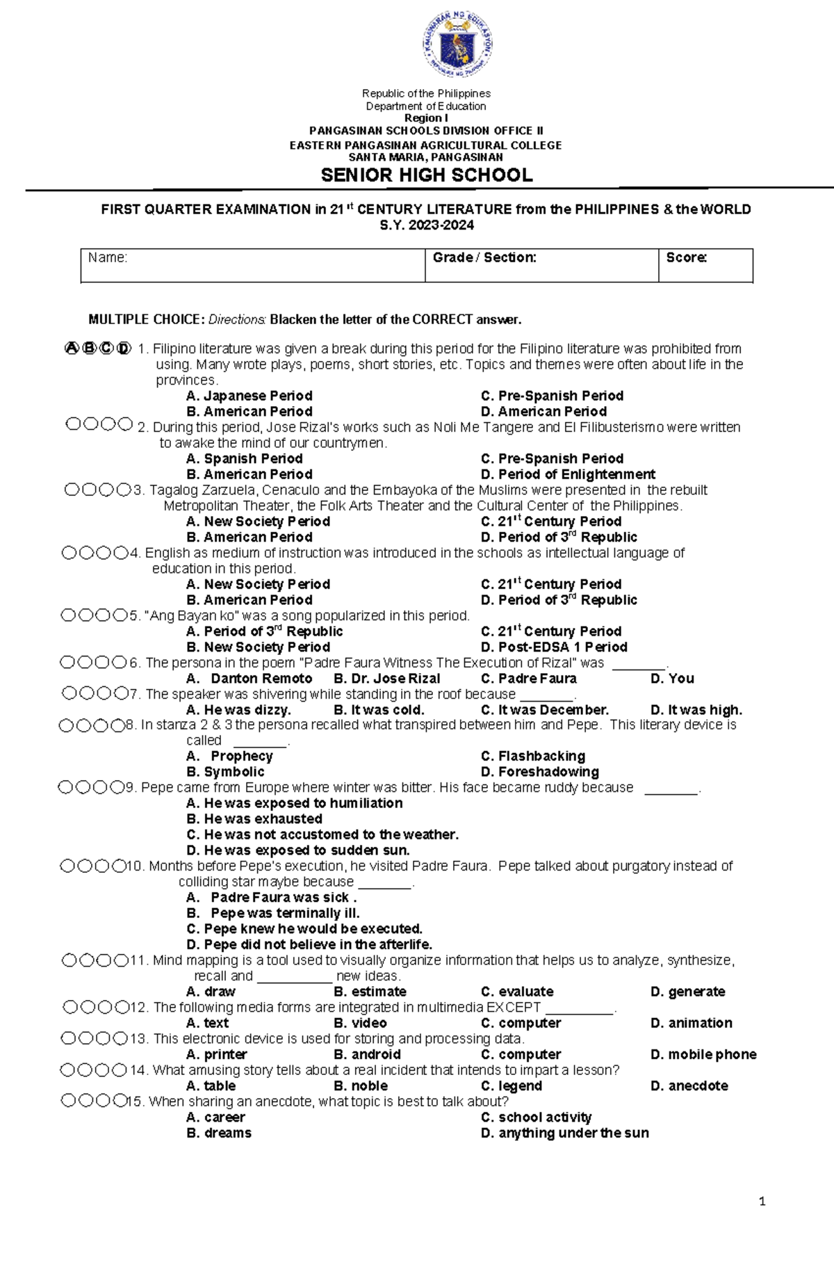 3rd Quarter EXAM - examination - Republic of the Philippines Department ...