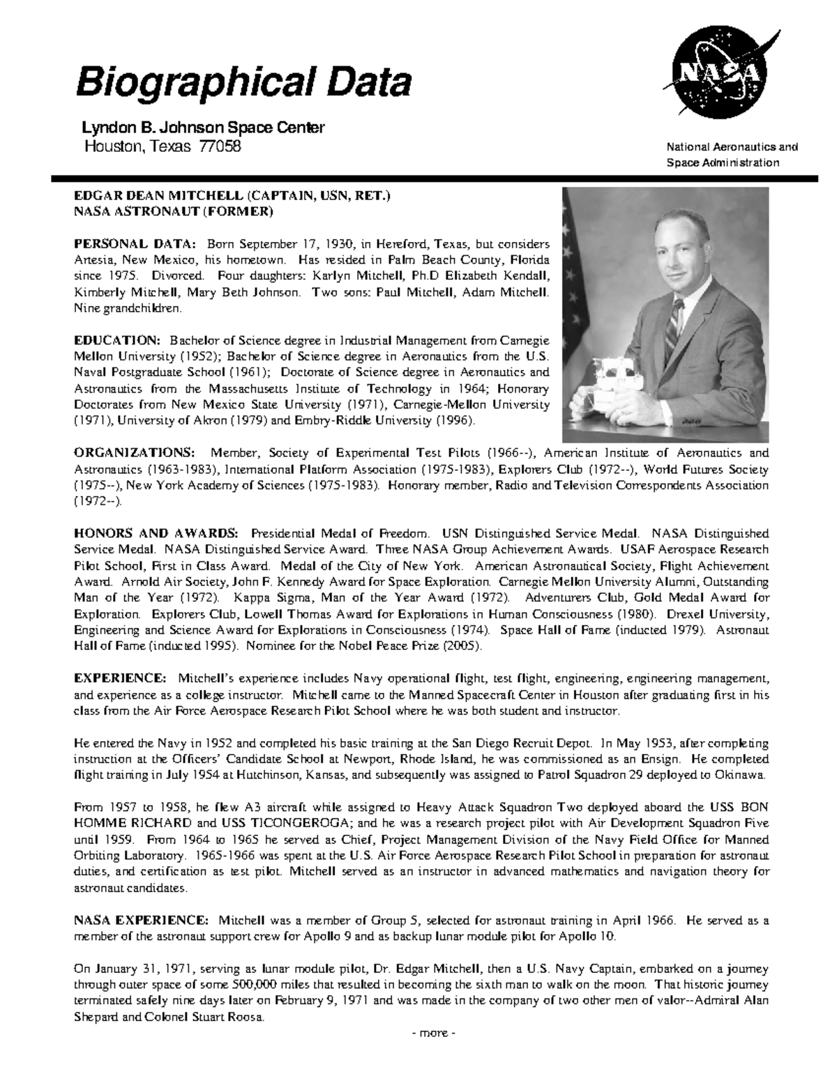 Mitchell edgar - Erm - EDGAR DEAN MITCHELL (CAPTAIN, USN, RET.) NASA ASTRONAUT (FORMER) PERSONAL ...