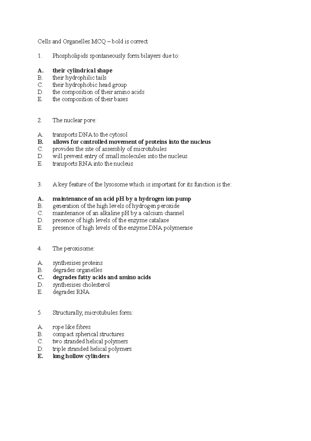 Sample/practice exam 2019, questions and answers - Cells and Organelles ...