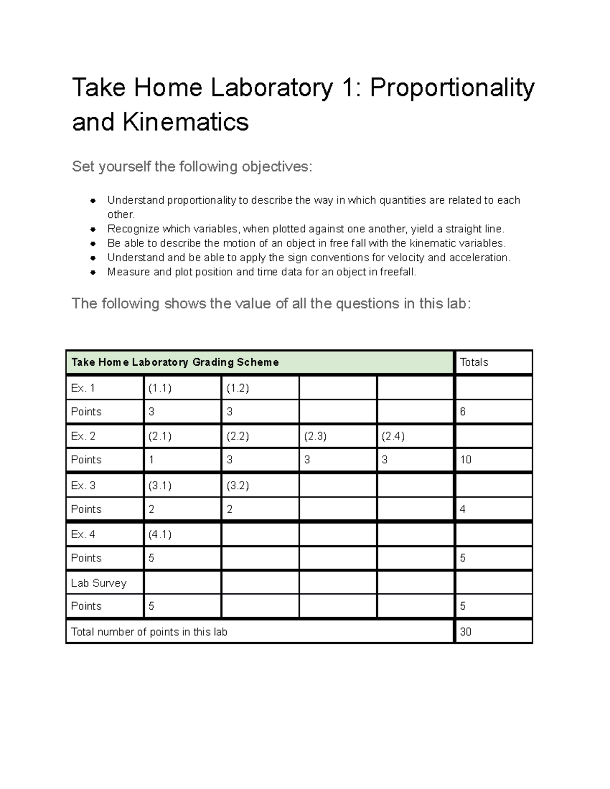 Take home lab W23 - Lab - Take Home Laboratory 1: Proportionality and Kinematics Set yourself ...