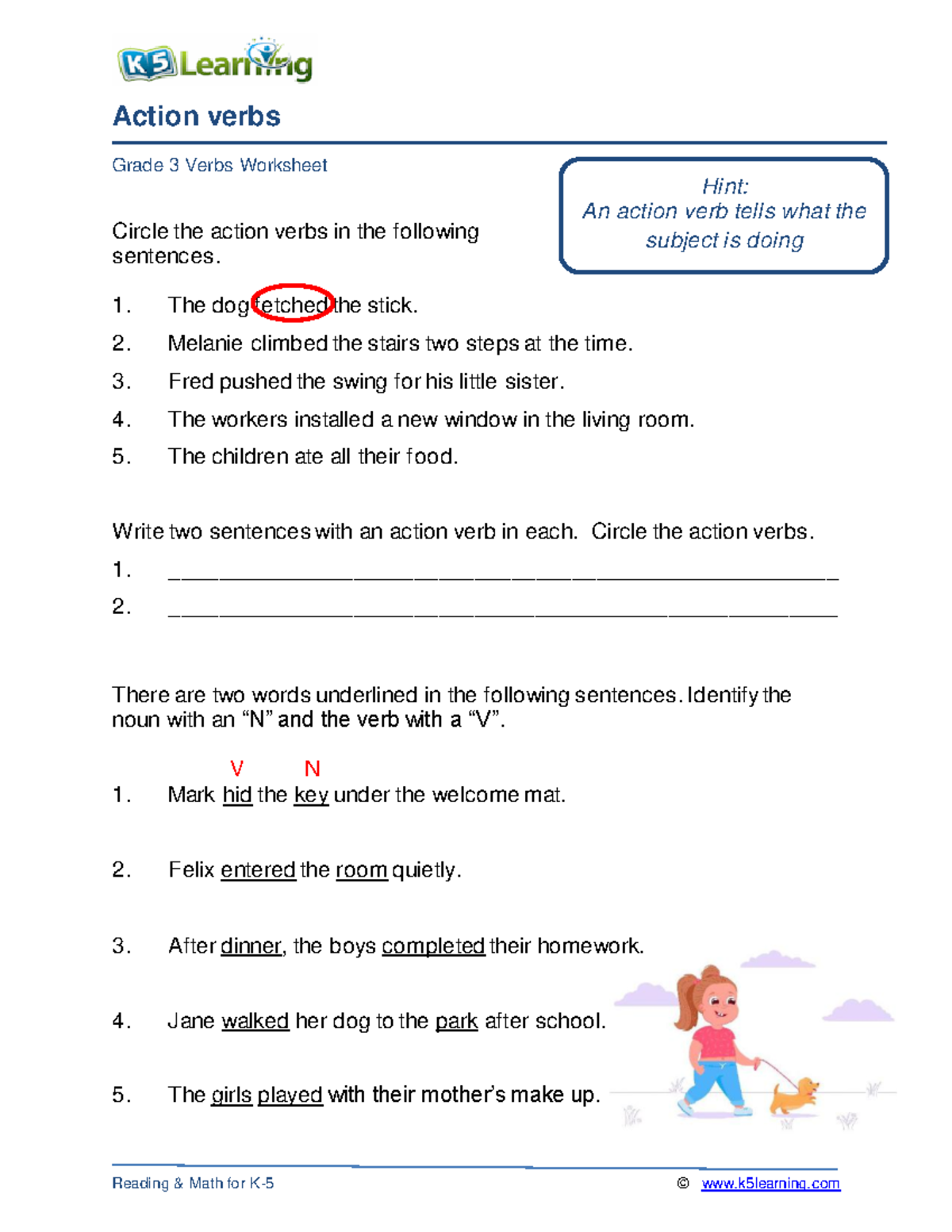 Action Verbs Verbs - ####### Grade 3 Verbs Worksheet Reading & Math for ...