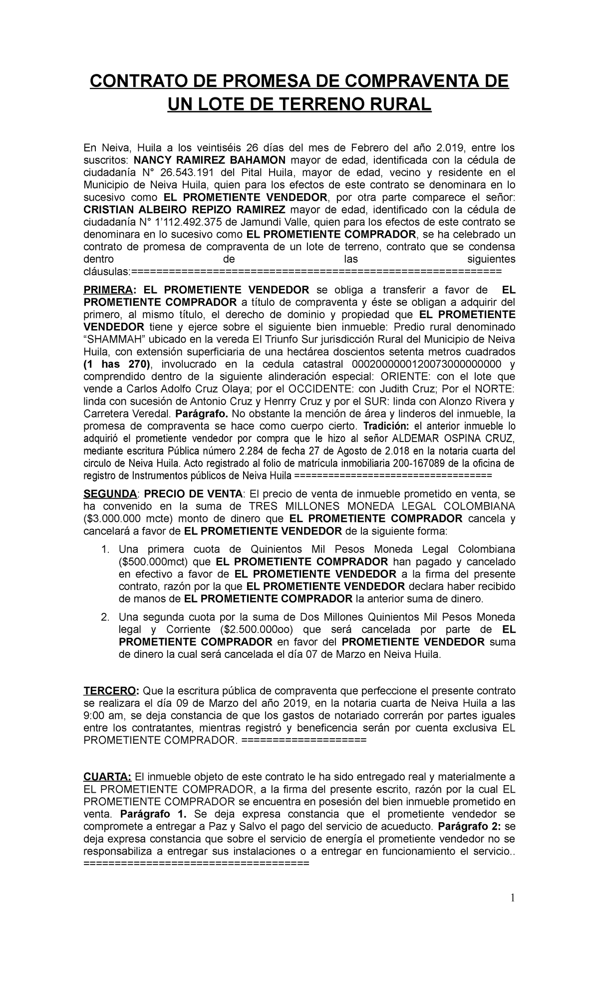 Contrato De Promesa De Compraventa De Un Contrato De Promesa De