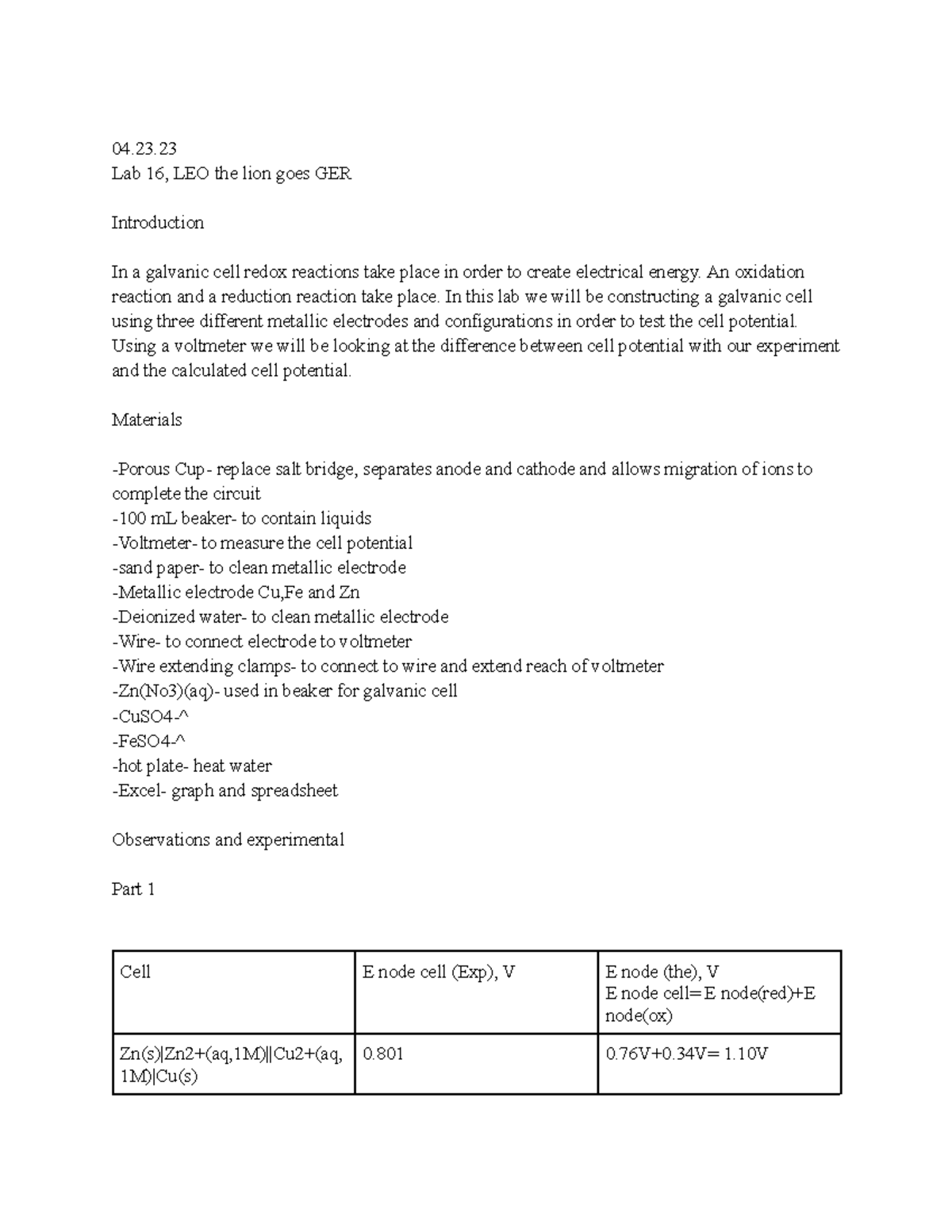 Lab 16 Report chem 106 - 04. Lab 16, LEO the lion goes GER Introduction ...