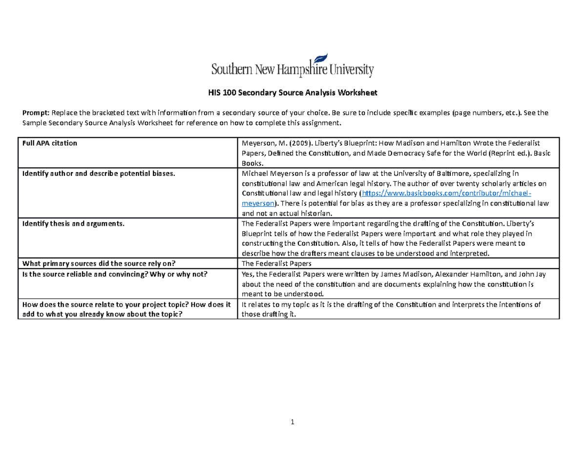 Secondary Source Analysis Worksheet - Be sure to include specific ...