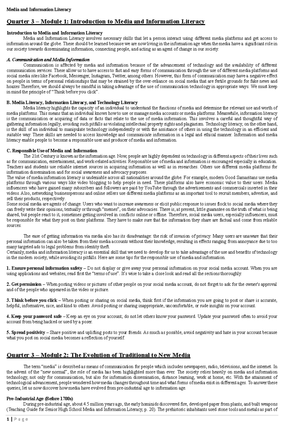 MIL MOD 1 Notes - Media and Information Literacy Quarter 3 – Module 1 ...