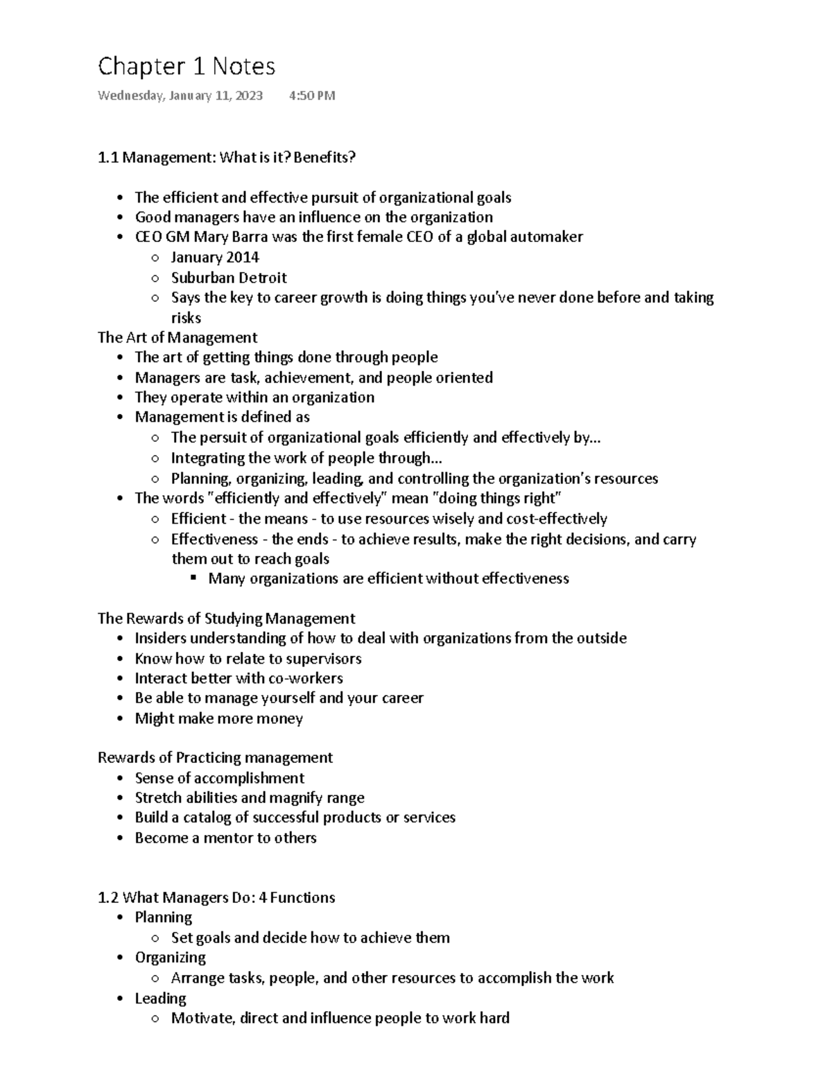 Chapter 1 Notes - 1 Management: What is it? Benefits? The efficient and ...