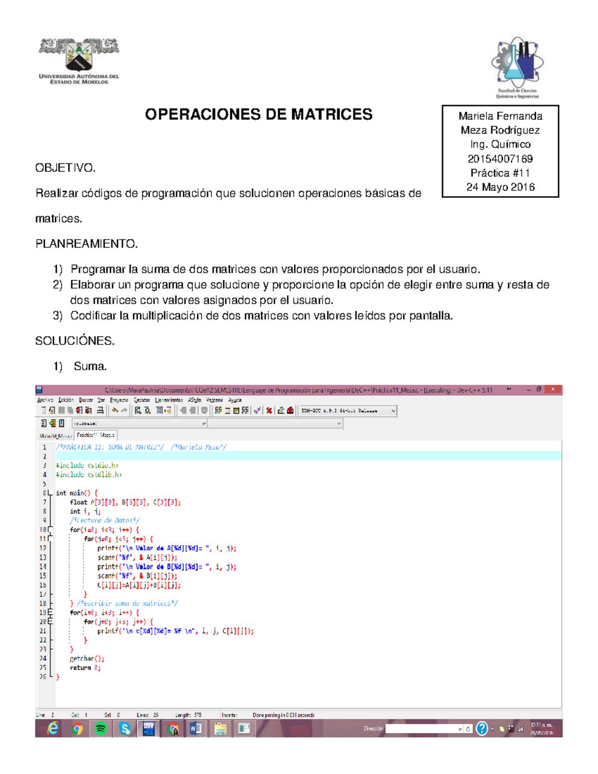 Práctica 11 Operaciones con matrices codigo de programacion ...