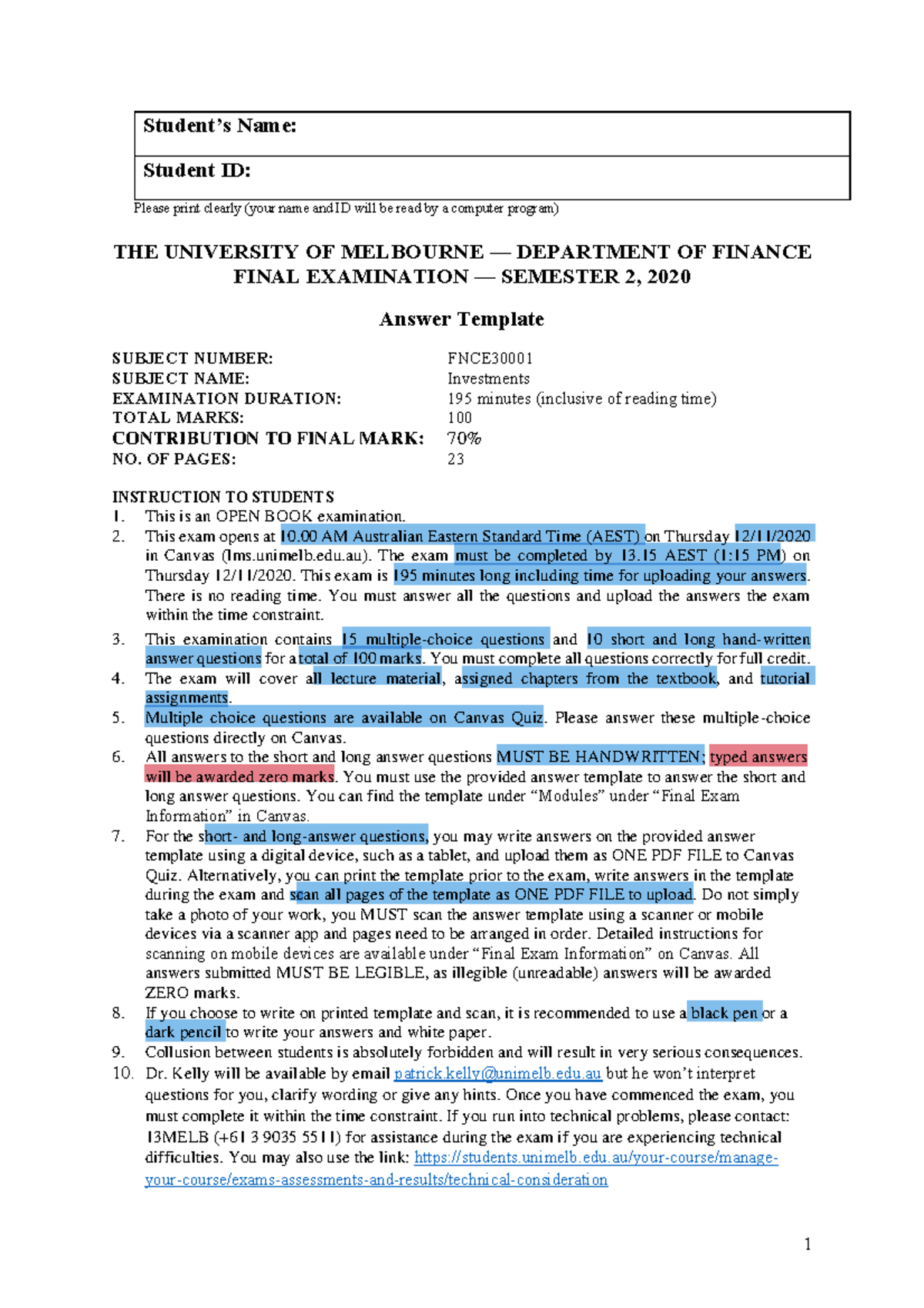 Sample Final Exam Template - Student’s Name: Student ID: Please print ...
