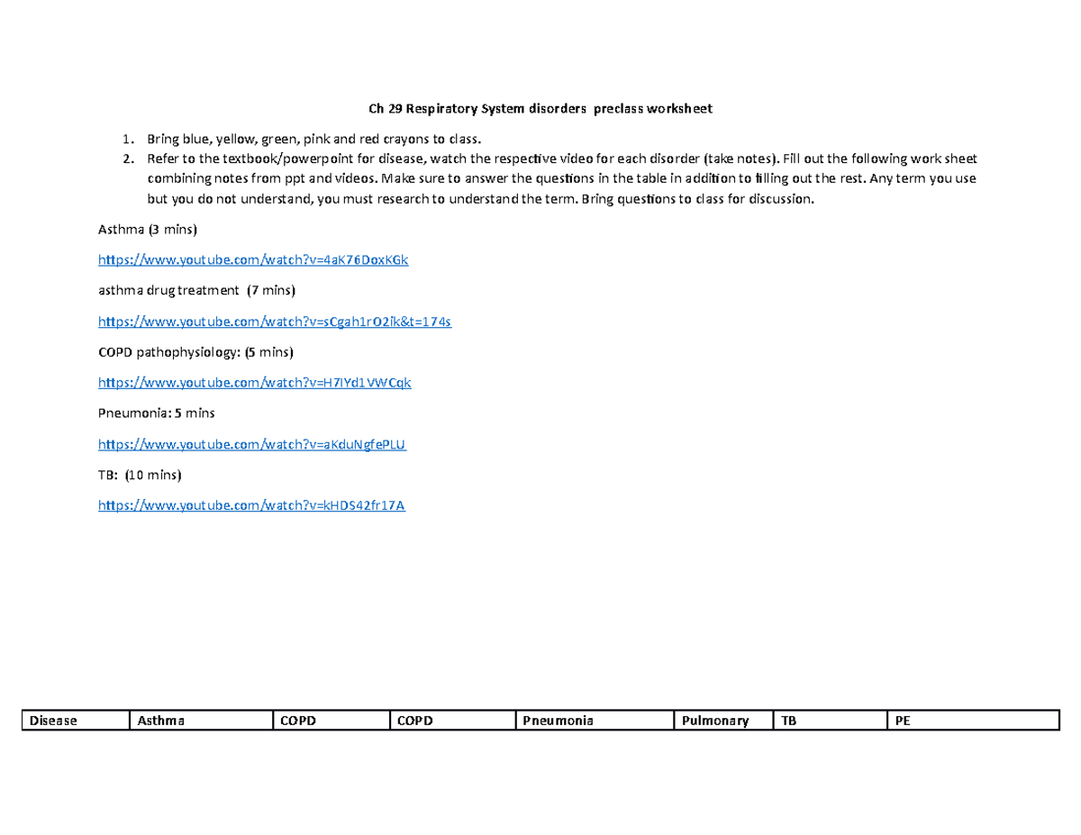 Week 6 ch 29 Resp disorders preclass worksheet - Ch 29 Respiratory ...