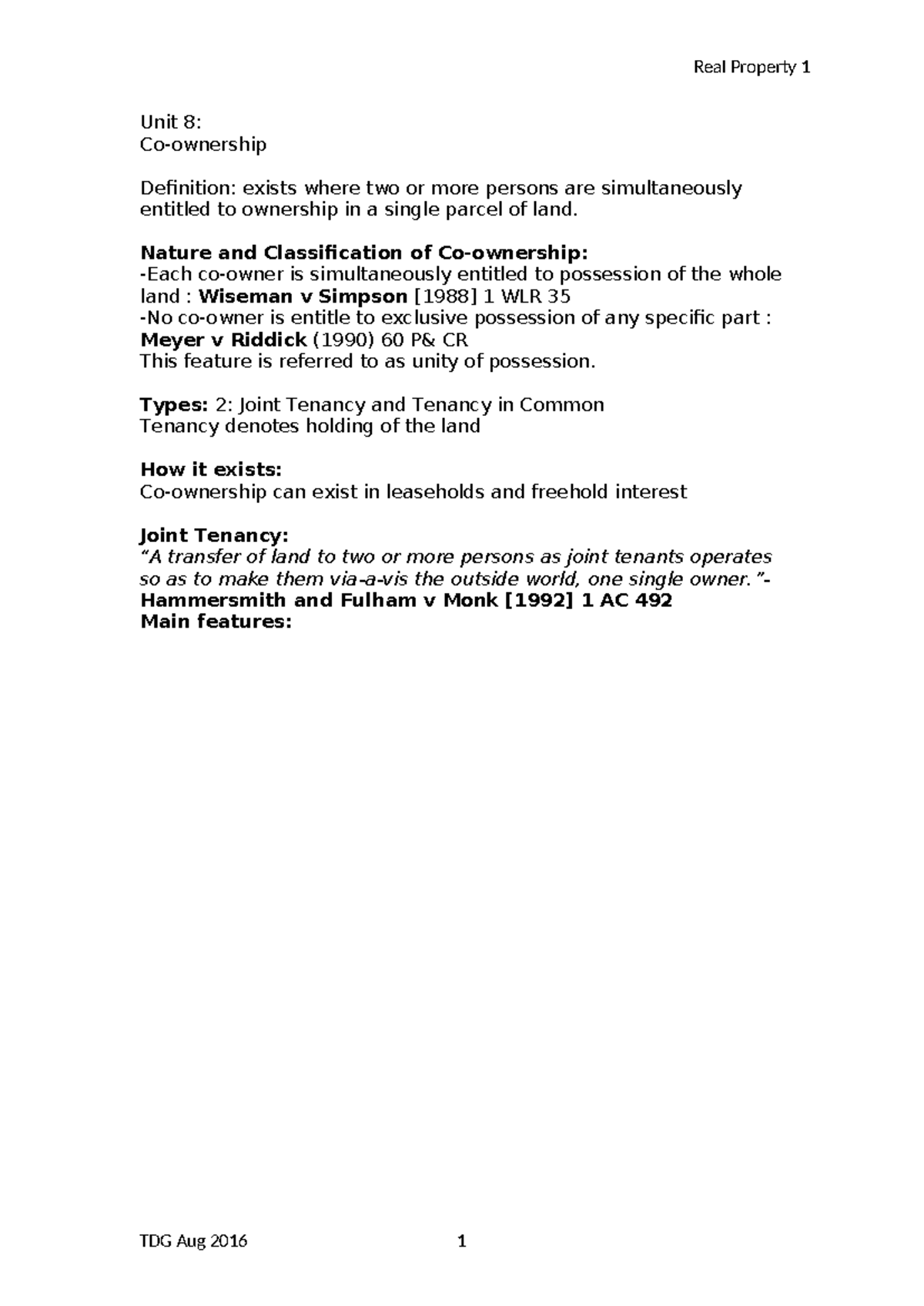 Unit 8 Co-Ownership - Co-ownership - Unit 8: Co-ownership Definition ...