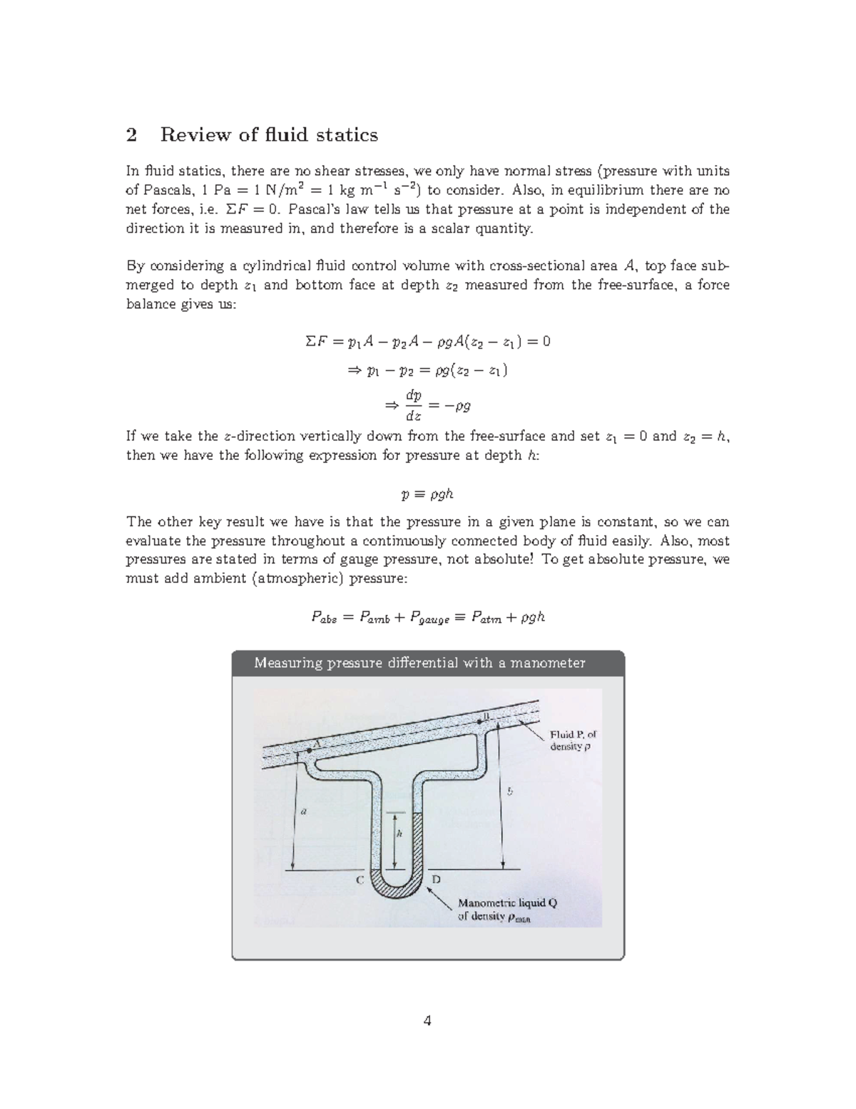Notes lecture 2 - Review of Fluid Dynamics - 2 Review of fluid statics ...