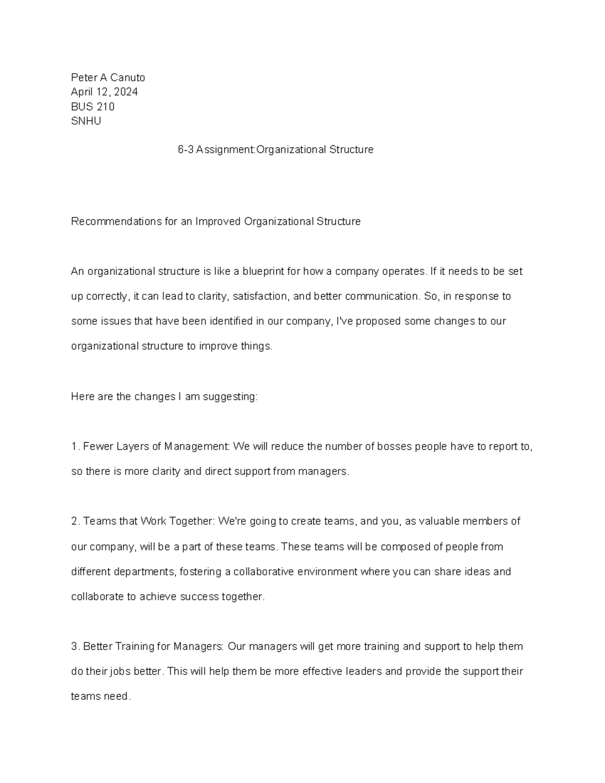 6-3 Assignment Organizational Structure - Peter A Canuto April 12, 2024 ...