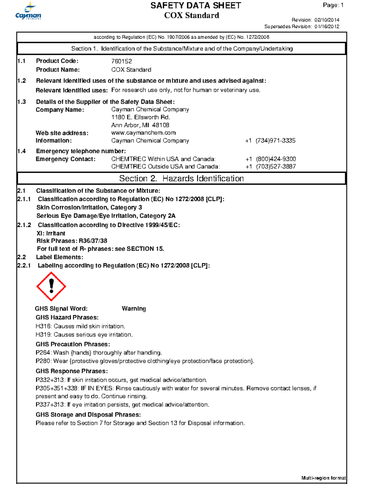MSDS COX - Lecture notes 1 - Revision:02/10/ COX Standard SAFETY DATA ...