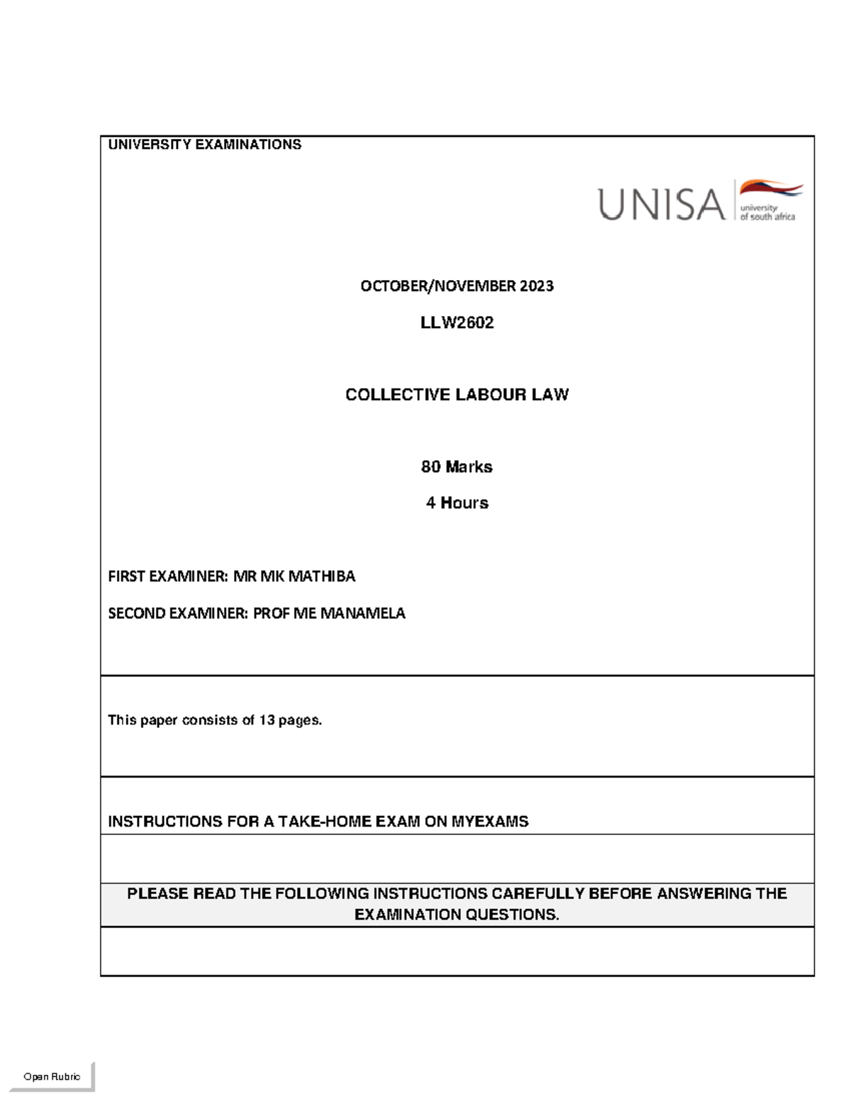 LLW2602 2023 Oct/Nov Exam - UNIVERSITY EXAMINATIONS OCTOBER/NOVEMBER ...