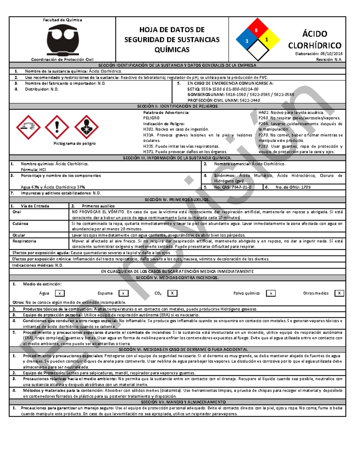 HOJA DE DATOS DE SEGURIDAD DE SUSTANCIAS QUÍMICAS HCl - Facultad de Química Coordinación de ...