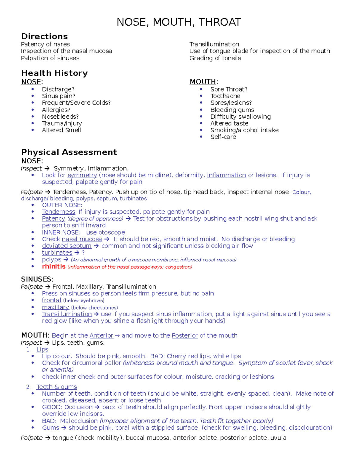 Practical, Health Assessment Lab Notes - NOSE, MOUTH, THROAT Directions ...