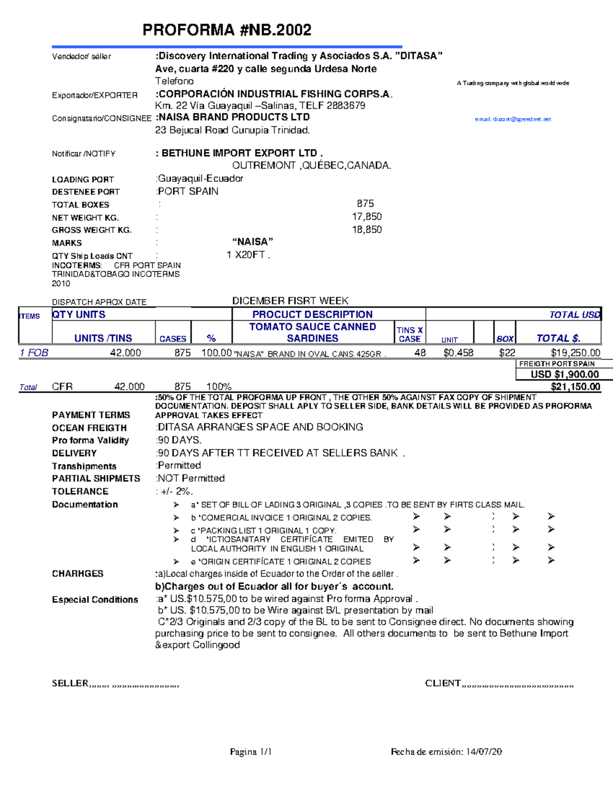 Proforma Invoice comercio internacional clase - Pagina 1/1 Fecha de ...