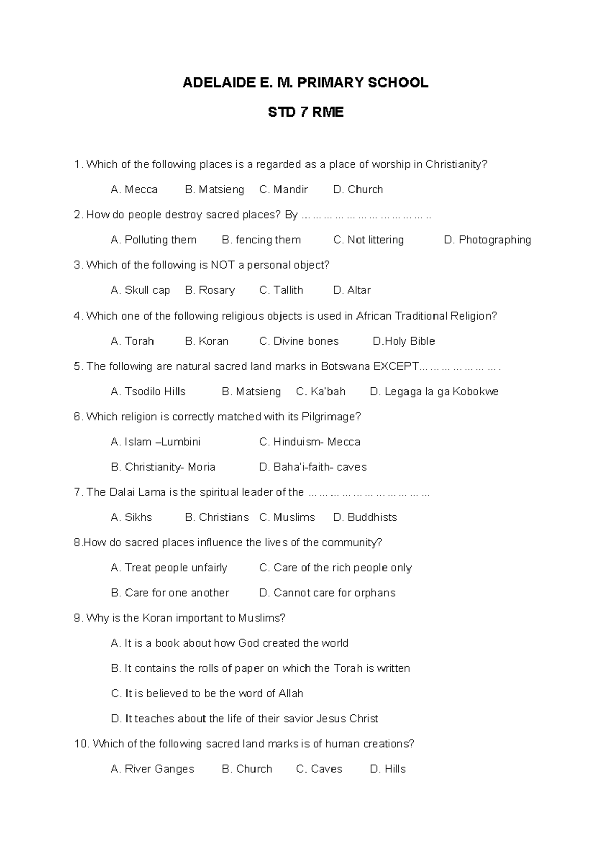 STD 7 RME Mr. Ngwenya - JGVGFCYTVTTVYBUY - ADELAIDE E. M. PRIMARY ...