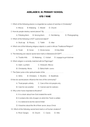 RME Std 6 and 7 Mr. Ngwenya - ADELAIDE E. M. PRIMARY SCHOOL RME for ...