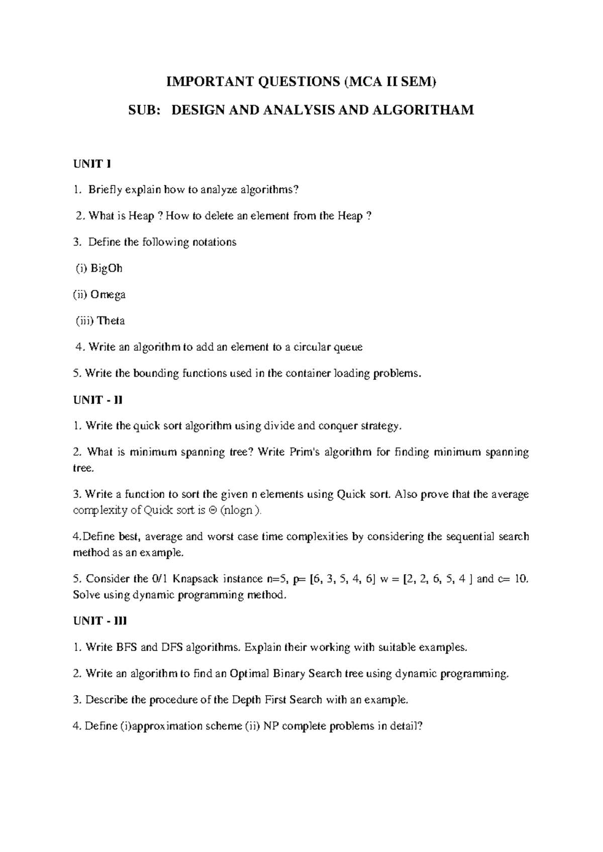Important Questions DAA - IMPORTANT QUESTIONS (MCA II SEM) SUB: DESIGN AND ANALYSIS AND ...