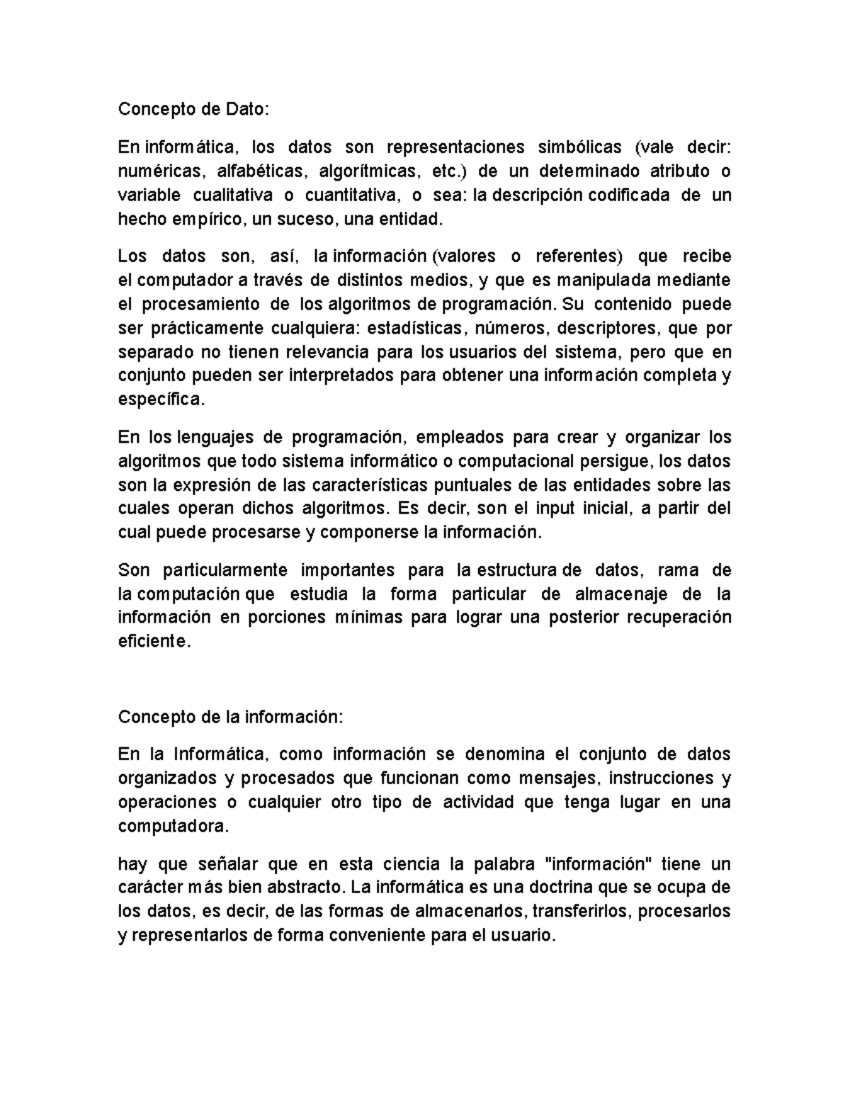 Concepto de Dato e informacion - Concepto de Dato: En informática, los ...