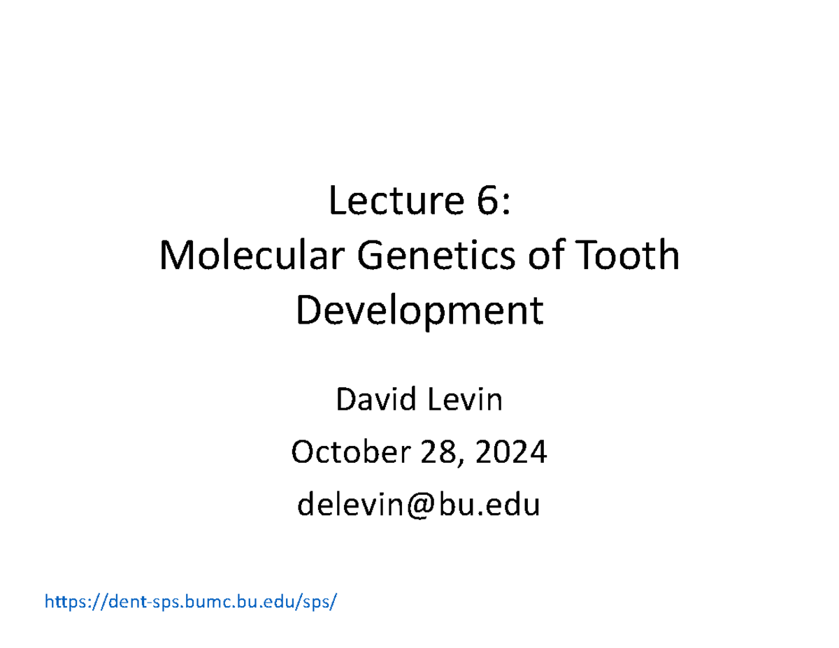 1.6 Tooth Development - Lecture 6: Molecular Genetics of Tooth ...