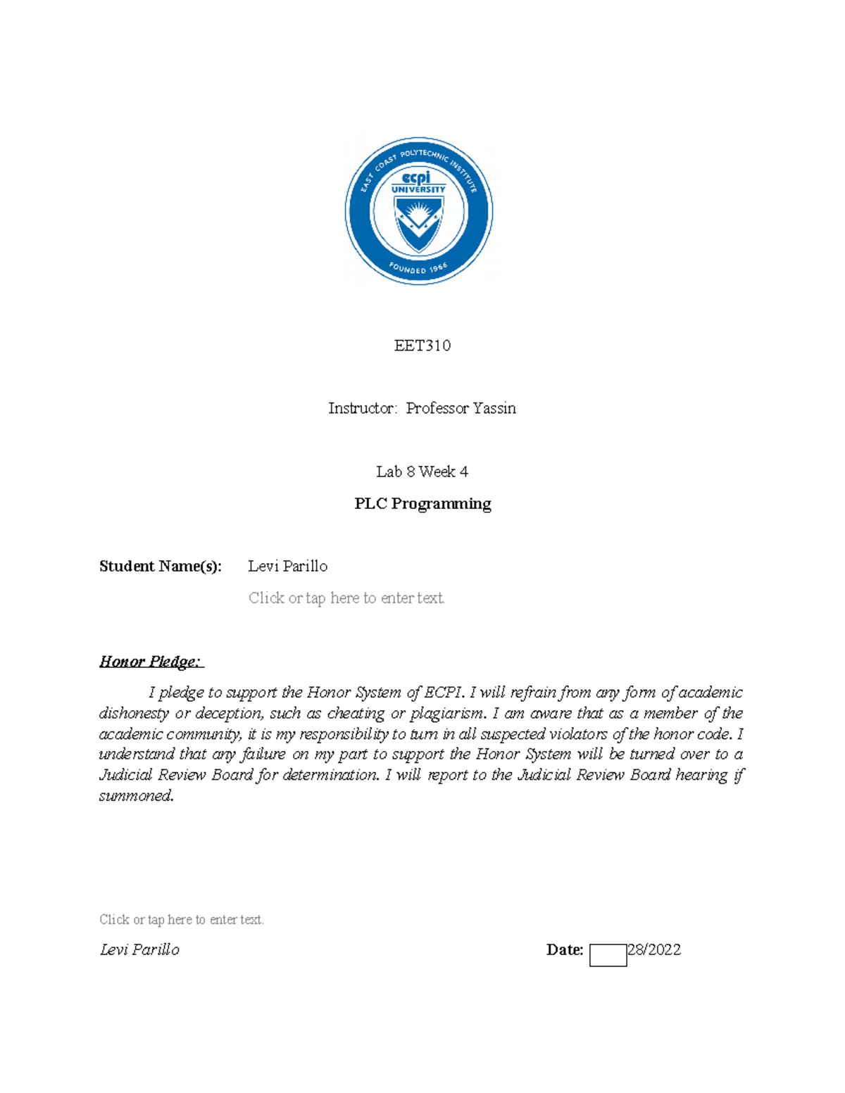 EET231L U4 Lab1 - EET Instructor: Professor Yassin Lab 8 Week 4 PLC Programming Student Name(s ...