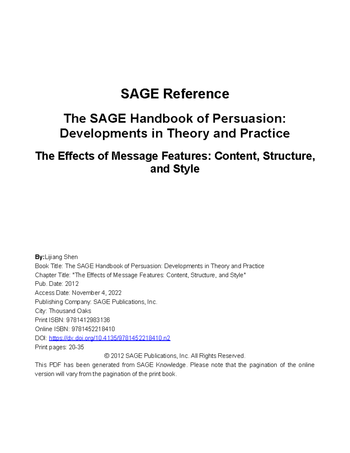 Notes 4 - SAGE Reference The SAGE Handbook of Persuasion: Developments ...