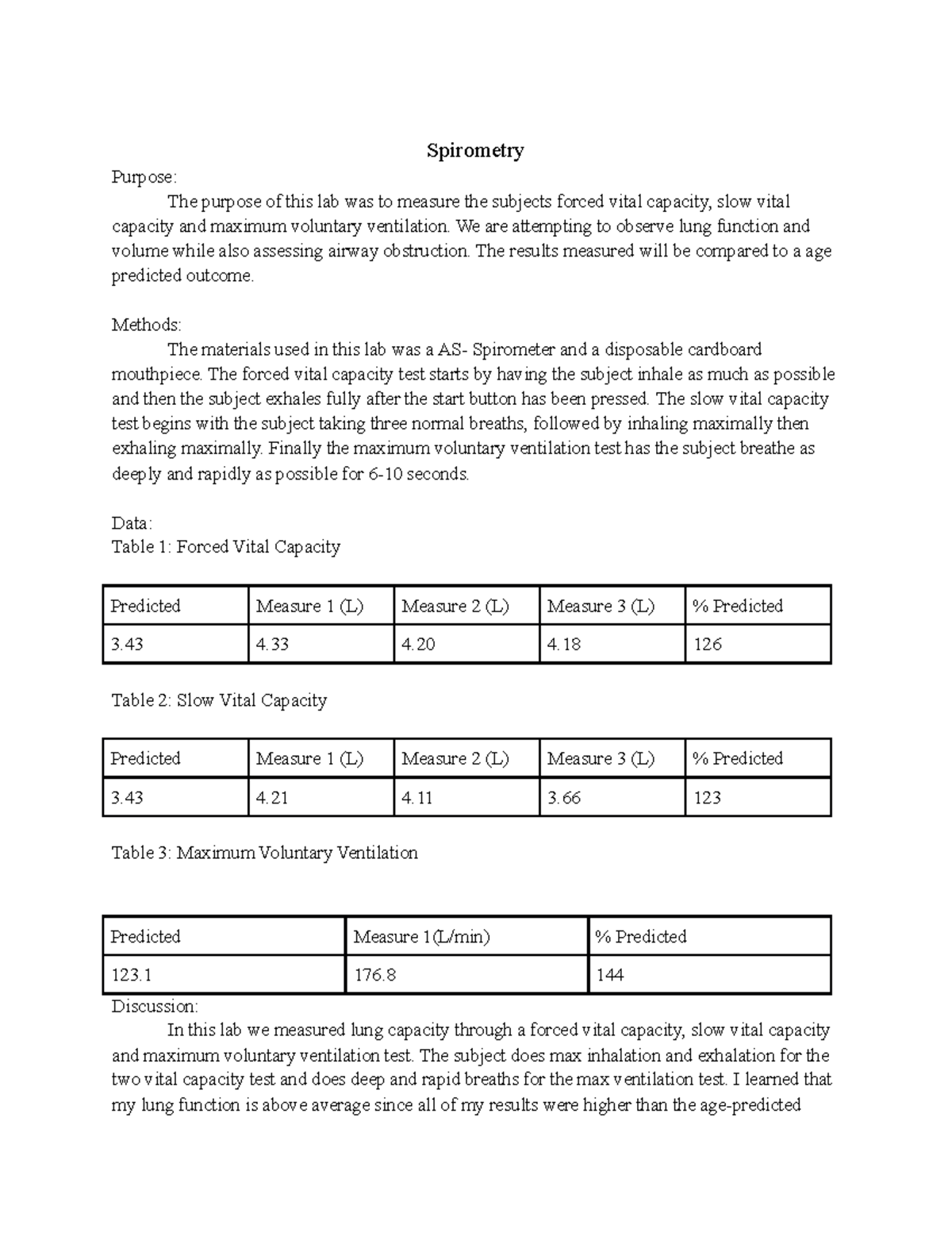 Spirometry - physiology of exercise - Spirometry Purpose: The purpose ...
