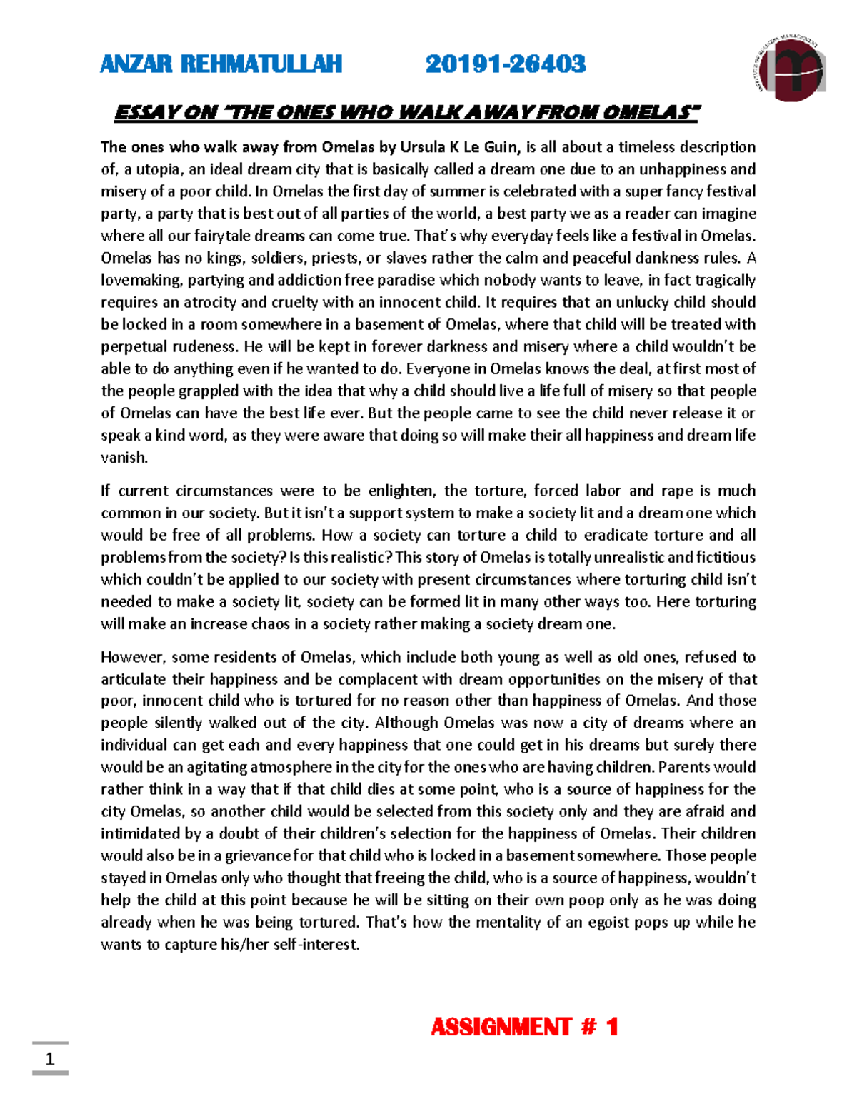 Anzar 26403 Assignment NO 1, THE ONES WHO WALK AWAY FROM Omelas - ANZAR ...