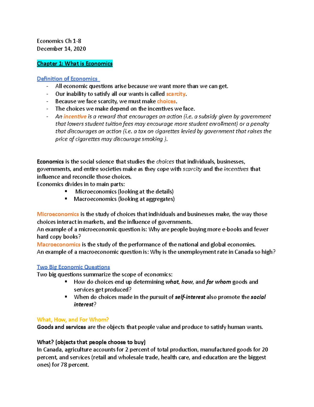 Economics ALL Chapters Final EXAM Review - Economics Ch 1- December 14 ...