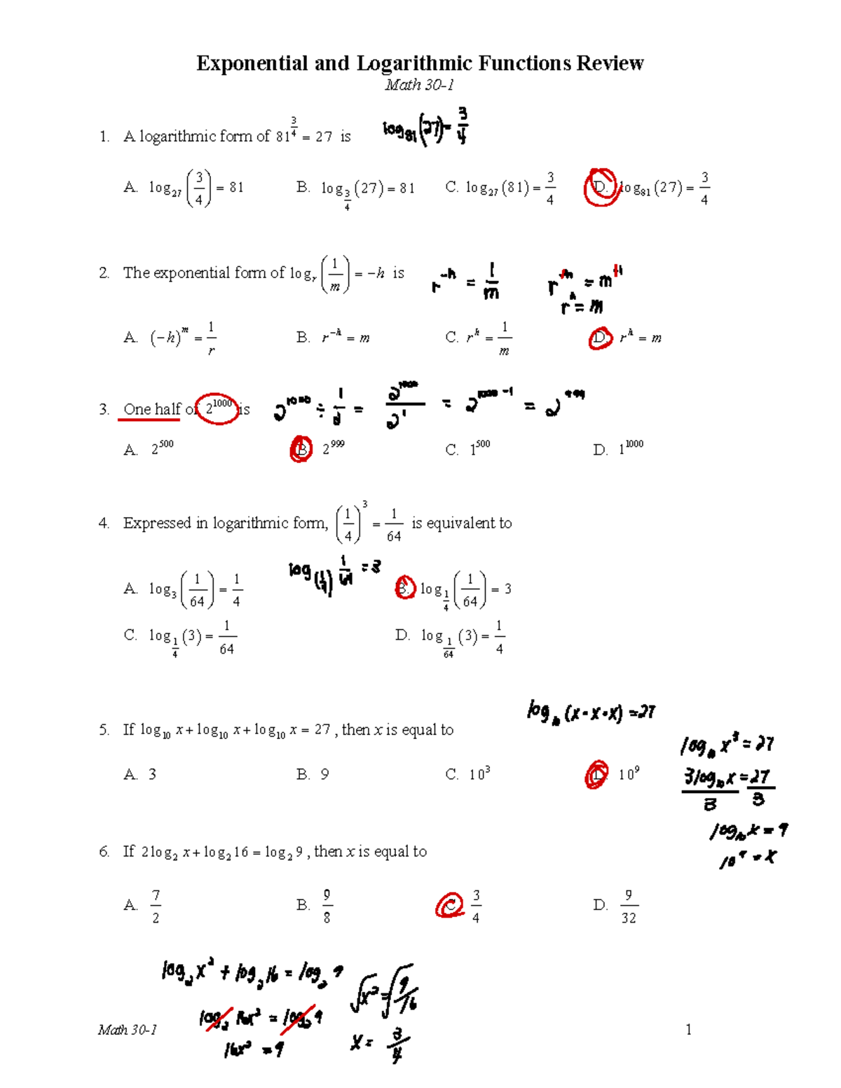 Exponents and Logs Review 2013 - Exponential and Logarithmic Functions ...