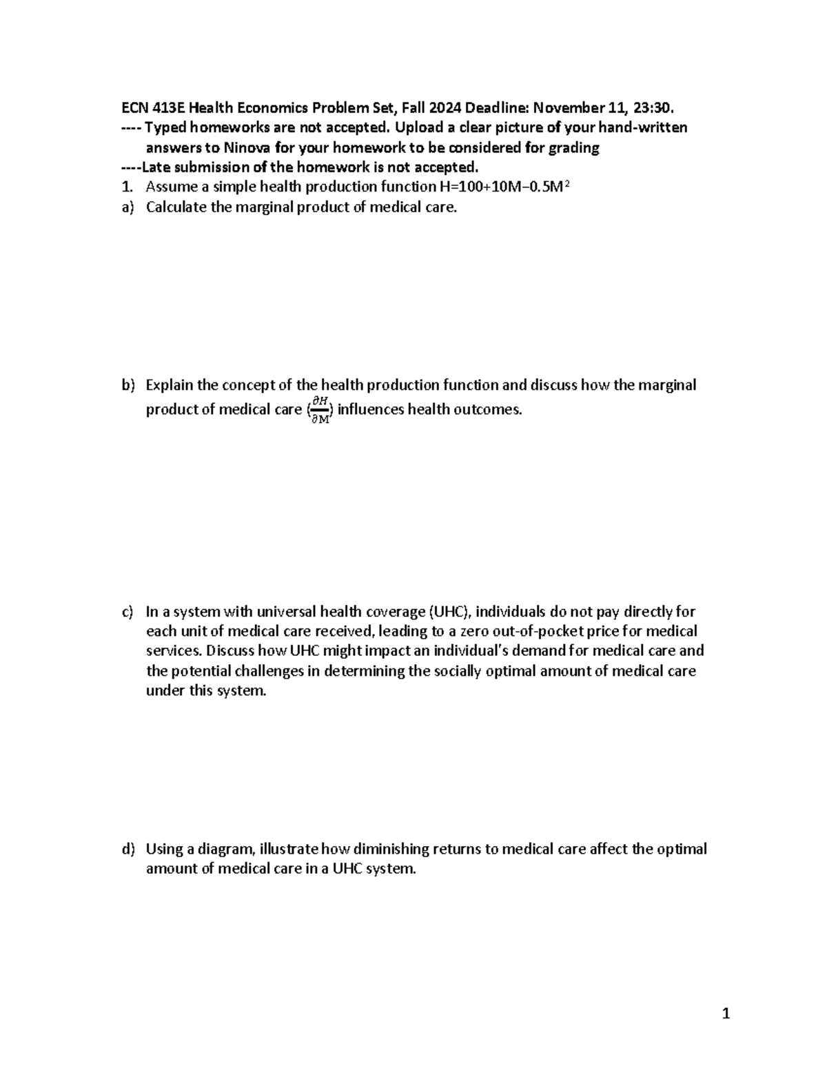 Health - notes - ECN 413E Health Economics Problem Set, Fall 2024 ...