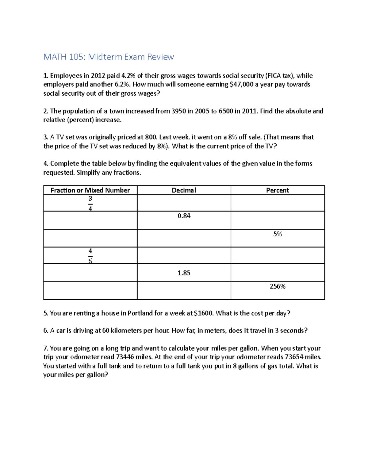 Midterm Exam Review - From a study guide - MATH 105: Midterm Exam Review Employees in 2012 paid ...