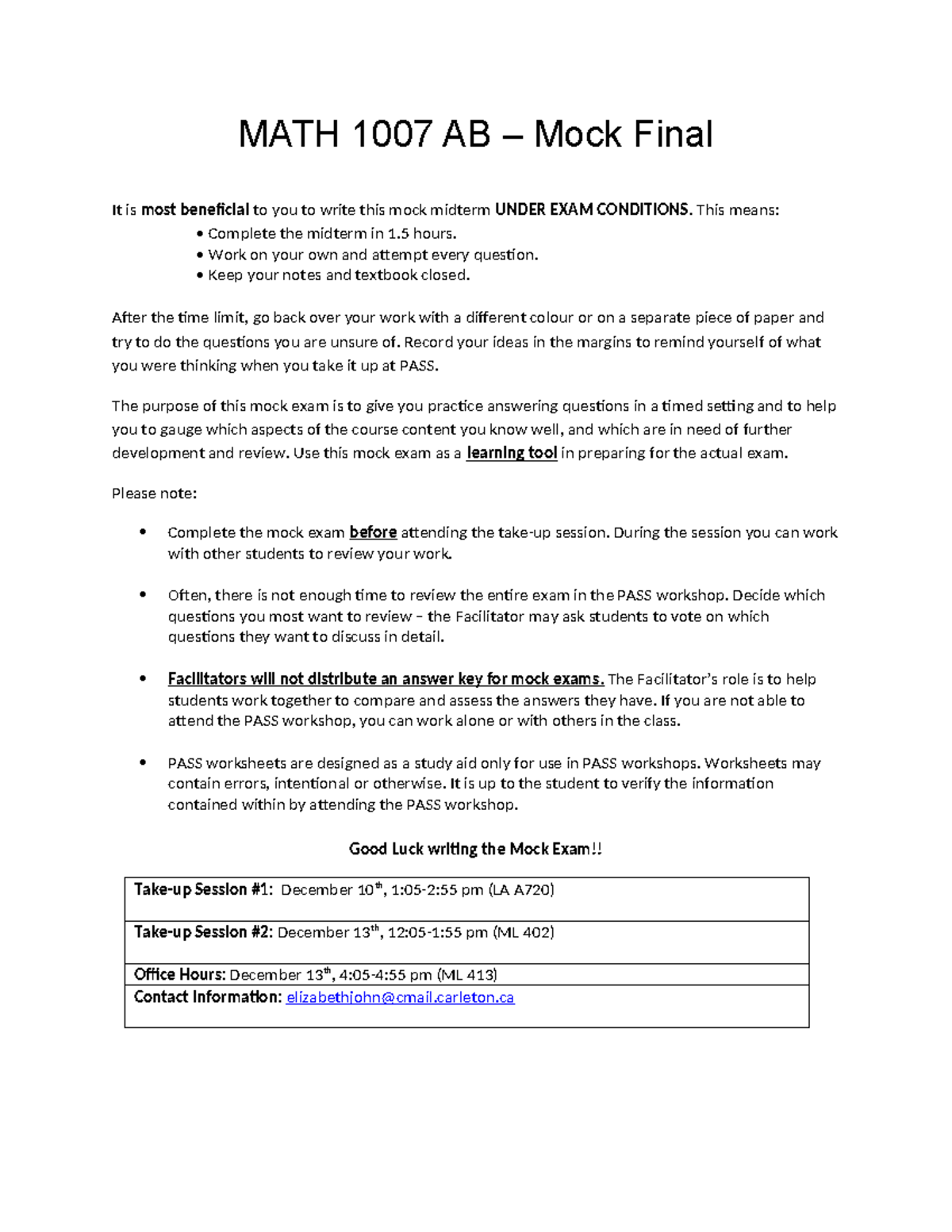 MATH 1007 AB - Mock Final 1 - MATH 1007 AB – Mock Final It is most ...