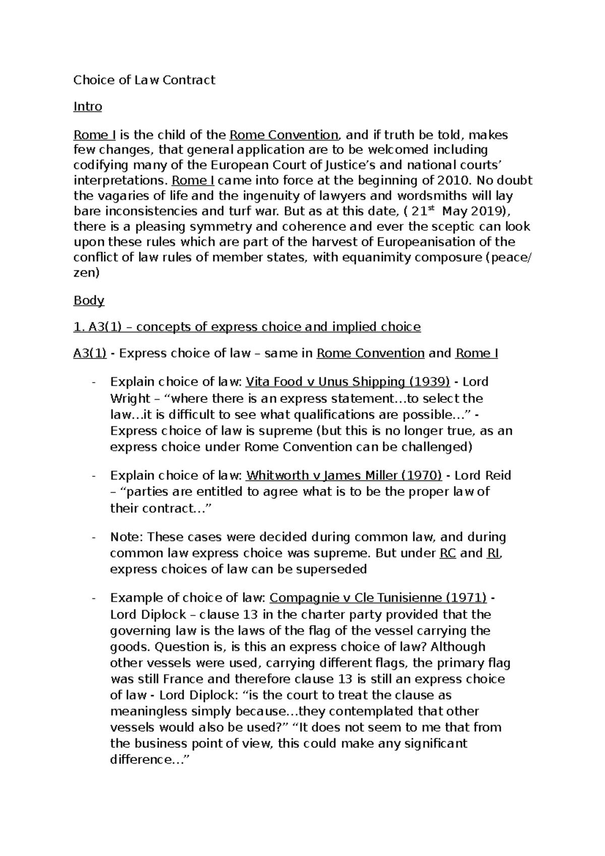 Choice Contract essay - Choice of Law Contract Intro Rome I is the ...