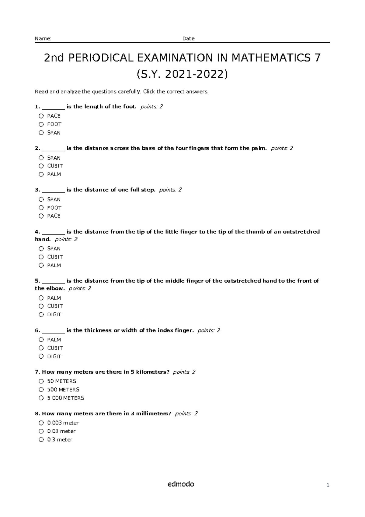 2nd Periodical Examination IN Mathematics 7 (S.Y. 2021-2022) - Name ...
