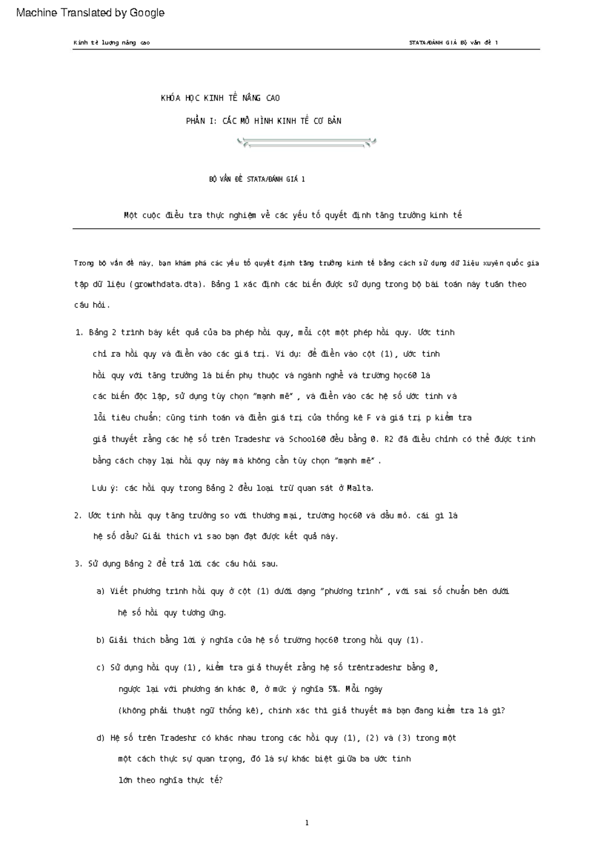 Stata Eview Problem Set 1 Một Cuộc điều Tra Thực Nghiệm Về Các Yếu Tố Quyết định Tăng Trưởng